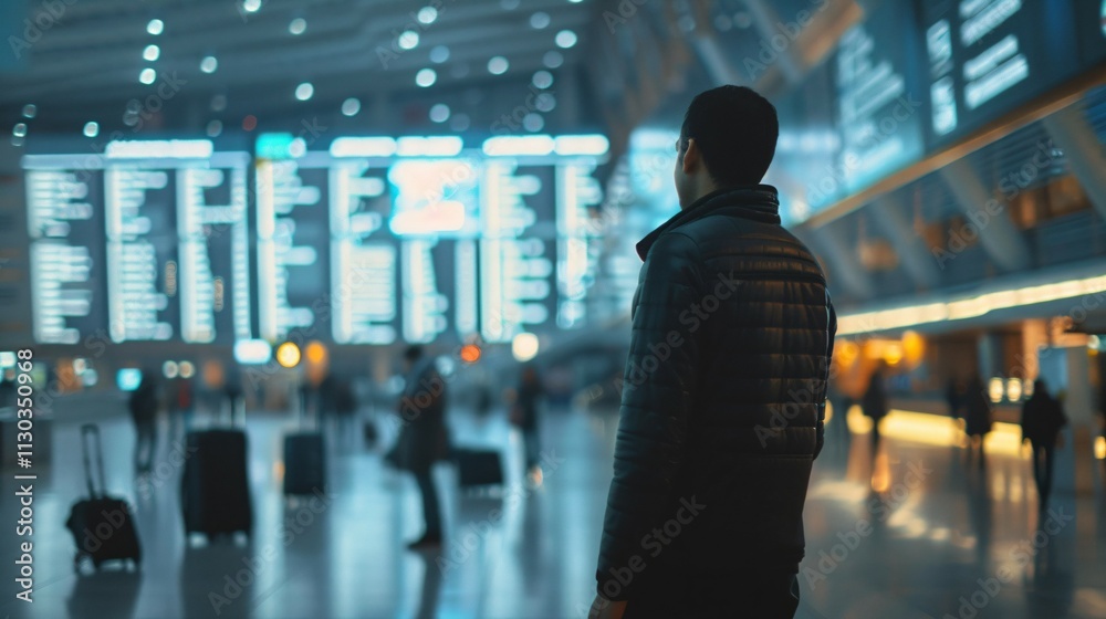 Man standing at airport terminal, gazing at large digital screen ...