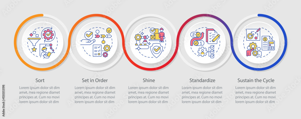 Vector de Stock 5S methodology infographics circles sequence. Lean ...