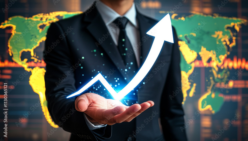 Businessman holding glowing increasing up arrow with stock market graph ...
