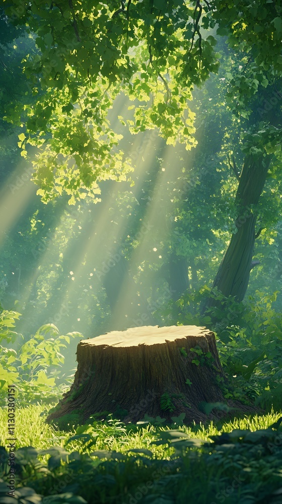 A cinematic still of an empty tree stump in the forest, with rays of ...