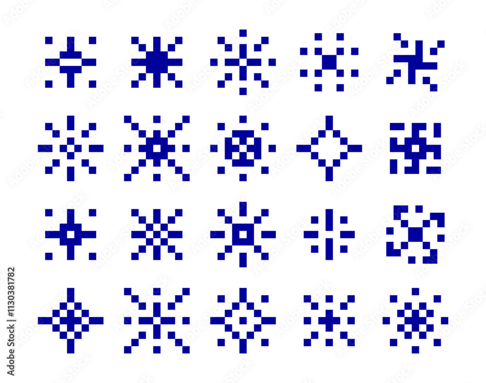 Pixel art of sparkling star vector set. Shiny game pixel art effect set ...