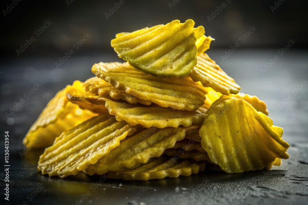 Dark background showcases vibrant, stacked crinkle-cut pickle chips in ...