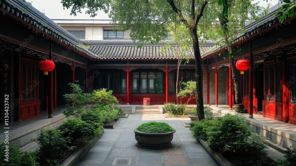 Traditional Chinese courtyard with red lanterns, classic tiled roofs ...