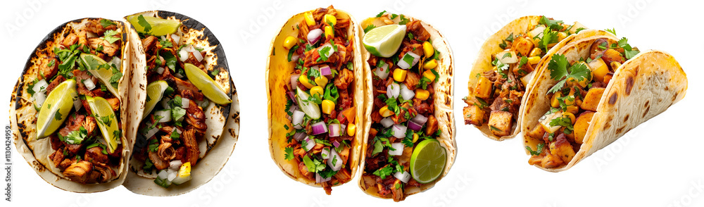 Various types of tacos filled with fresh ingredients like meat, onions ...