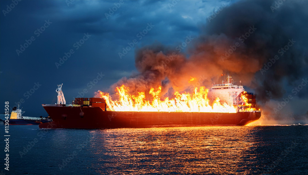 Tanker ship engulfed in flames at night, with bright fire and thick ...