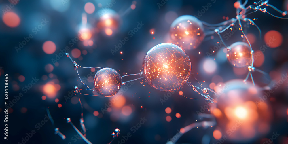 Abstract Background, Glowing Spheres Connected by Thin Filaments, Illuminated by Internal Light ...
