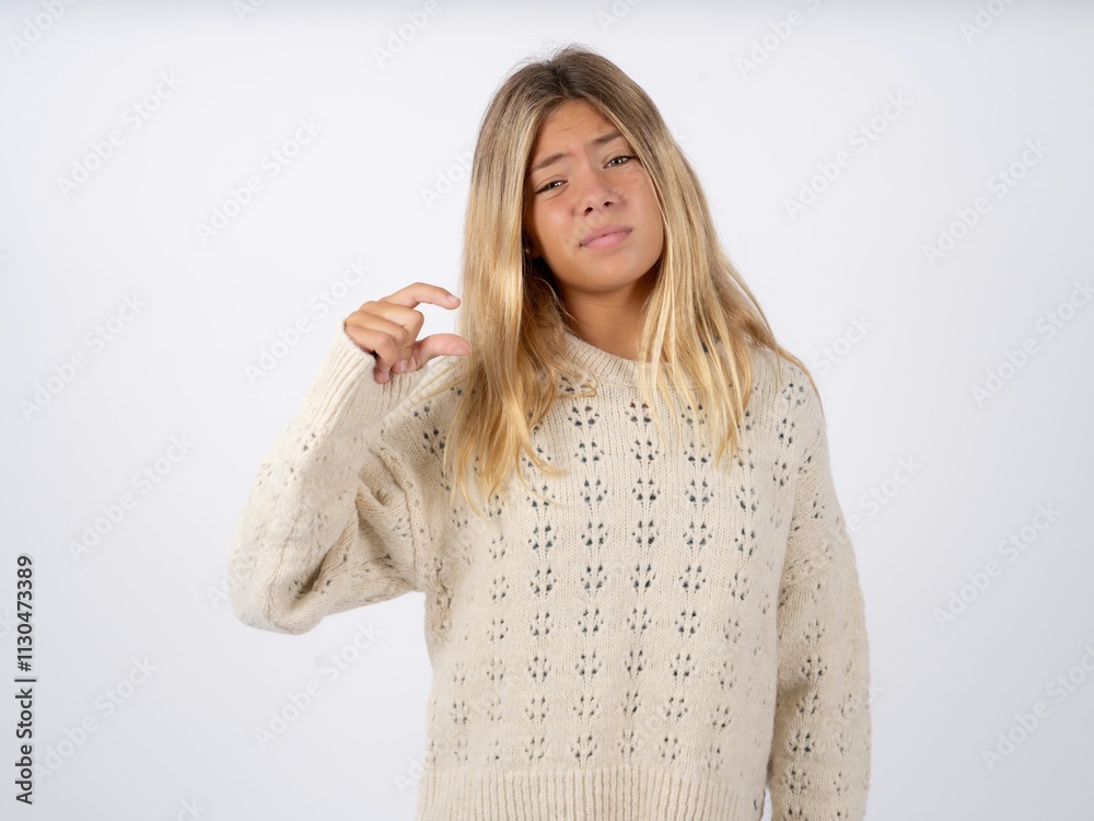 Displeased Beautiful teen girl wearing white sweater shapes little hand ...