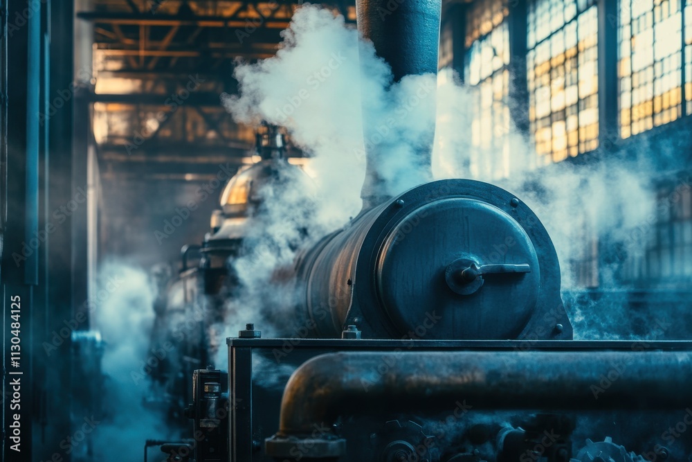 Steam pipe emitting vapor inside a historic victorian era factory ...