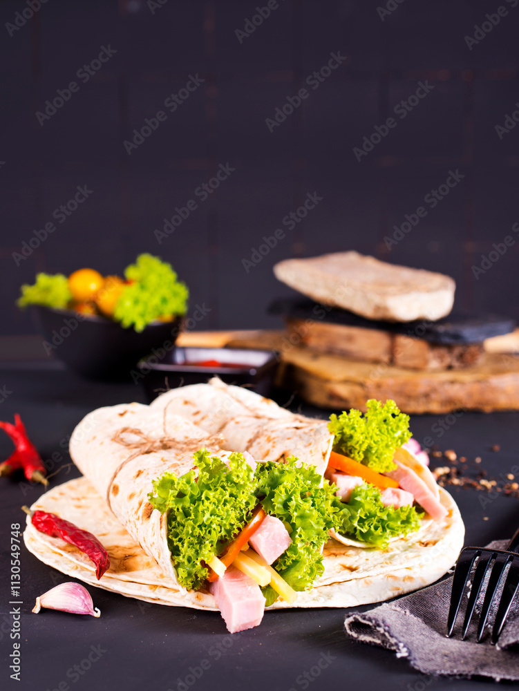 Shawarma sandwich, fresh roll of lavash (pita bread) pork shawarma with ...