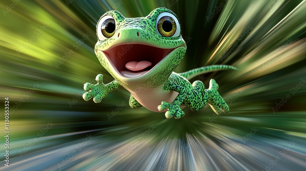 Cartoon frog is jumping through the air with its mouth open. The frog ...