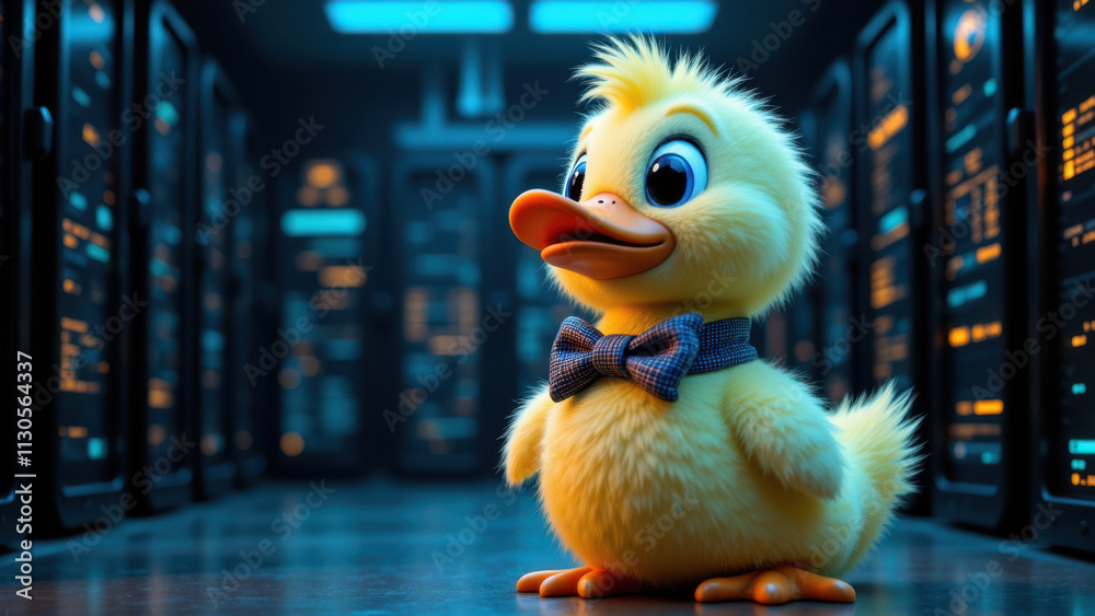 An animated yellow duck wearing a bow tie, standing inside what appears ...
