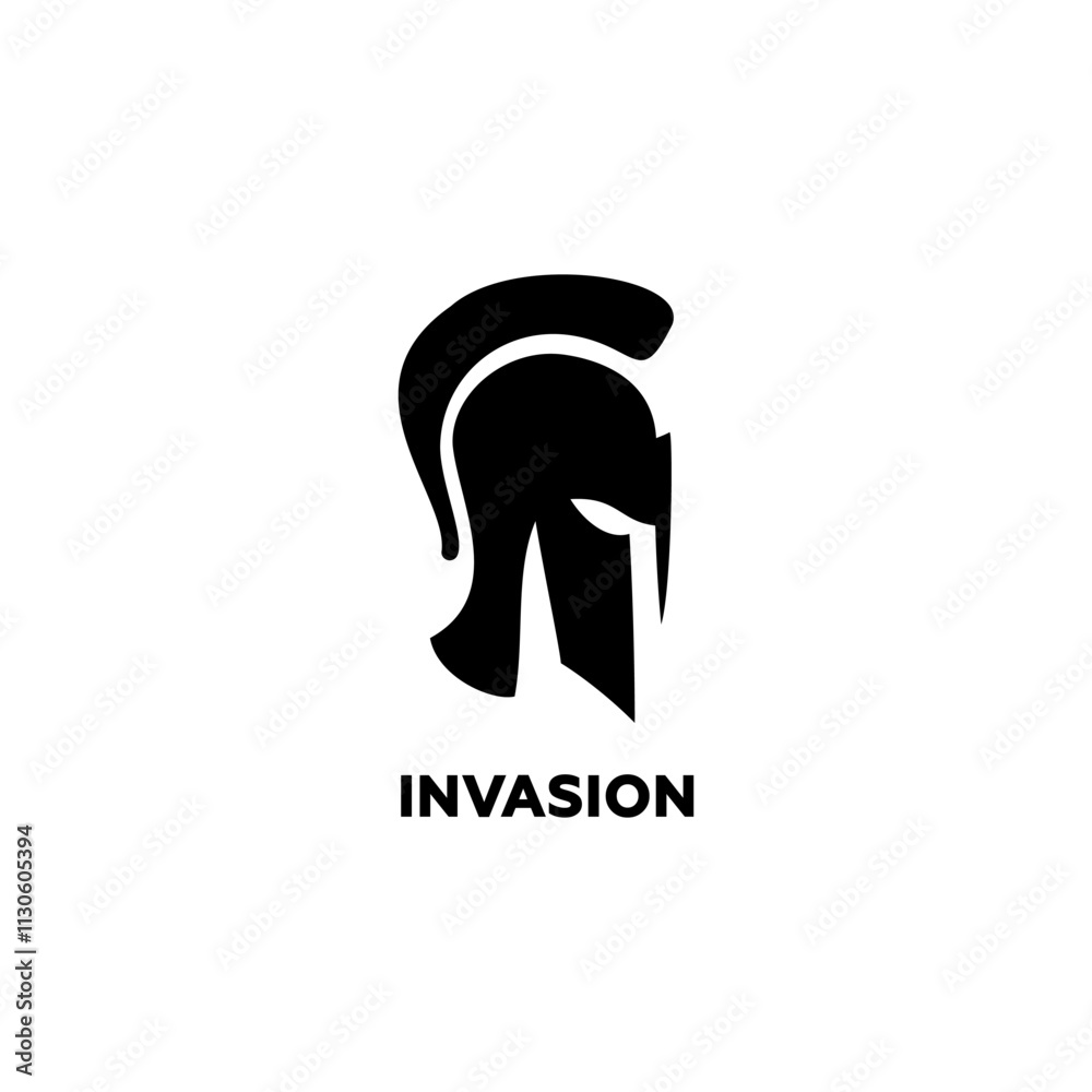 A minimalistic black vector icon of a Greek or Roman gladiator helmet ...