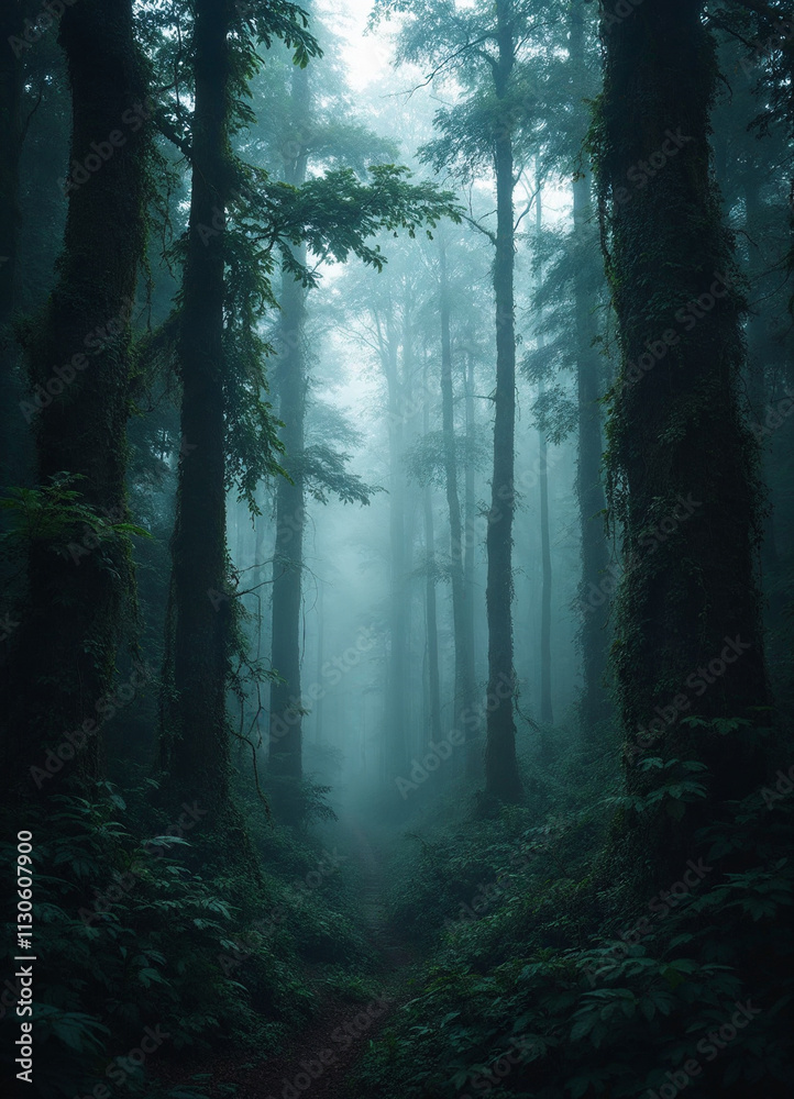 Rainforest With Dense Fog A mysterious rainforest shrouded in mist ...
