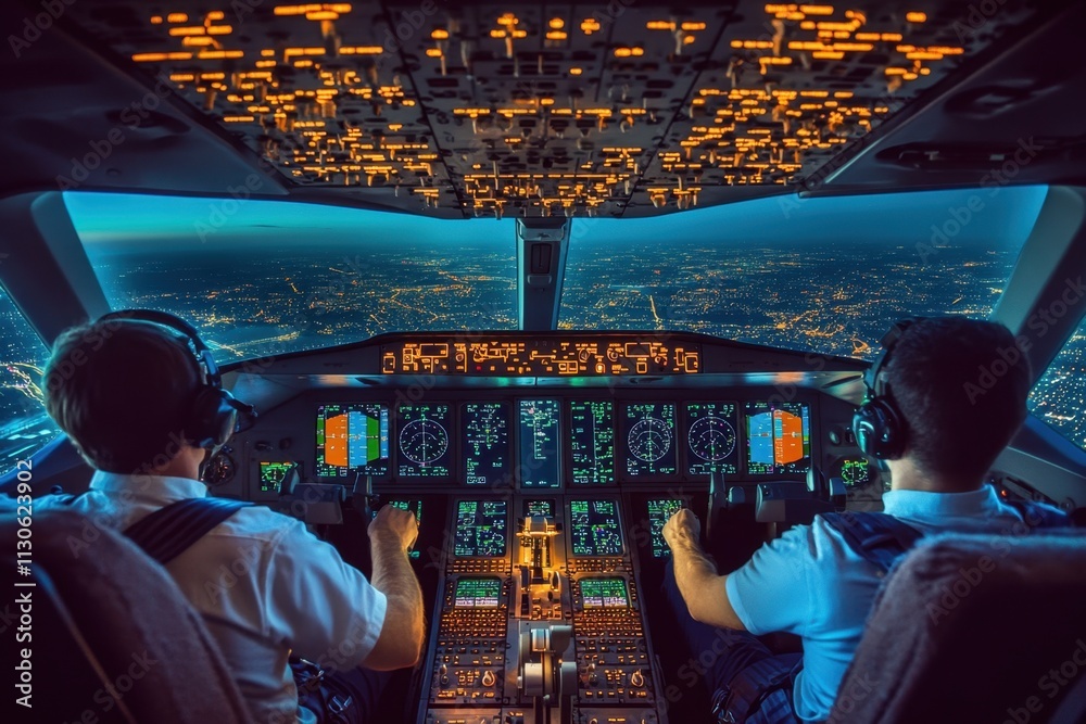 Pilots operating airplane cockpit during flight over cityscape ...