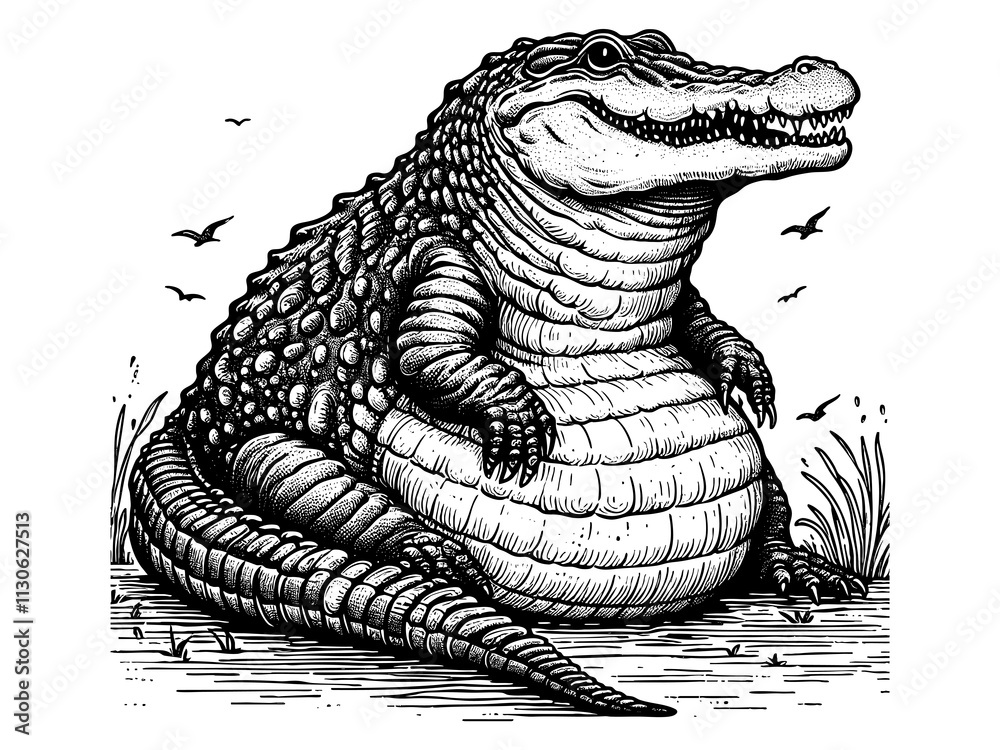 Fat plump alligator sitting upright, showcasing detailed scales and a ...