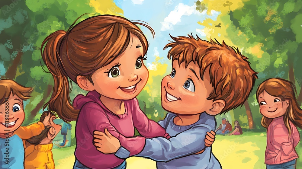 Cartoon clip art depicting a pair of loving siblings sharing a playful ...