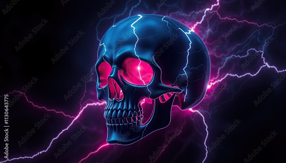 Glowing black skull surrounded by dark swirling energy, glowing neon ...