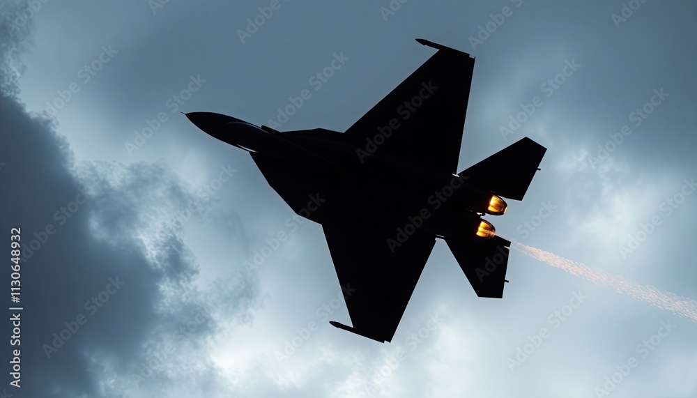 Black fighter jet flying through dark clouds, glowing orange contrails ...