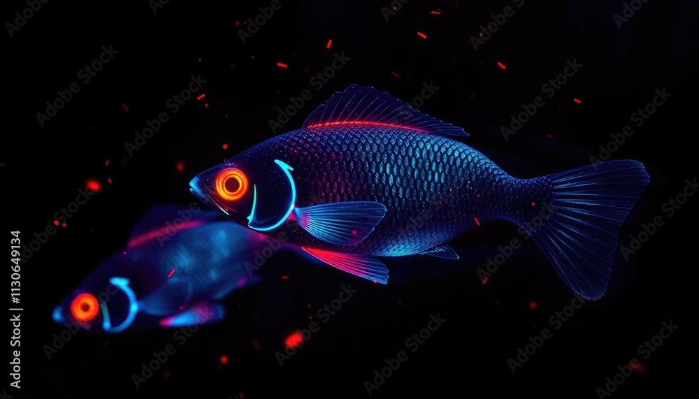 Glowing black fish swimming through dark waters, neon red and blue ...