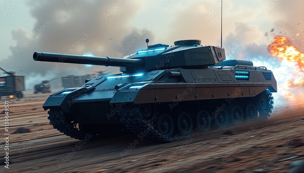Futuristic black tank charging through the warzone, emitting glowing ...