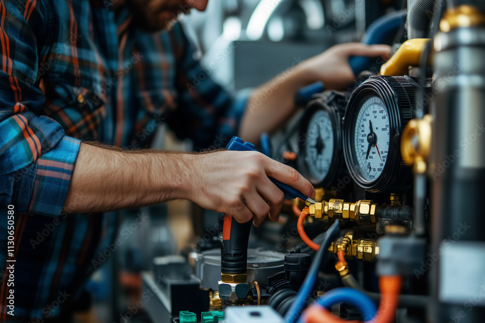 man is fixing a machine with a gauge that has the numbers 1 and 2 on it ...