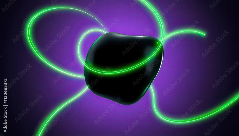 3D abstract black shape shifting in space, neon green lines wrapping ...