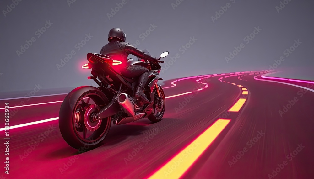 Stock-Illustration „3D black motorcycle racing across a glowing digital ...