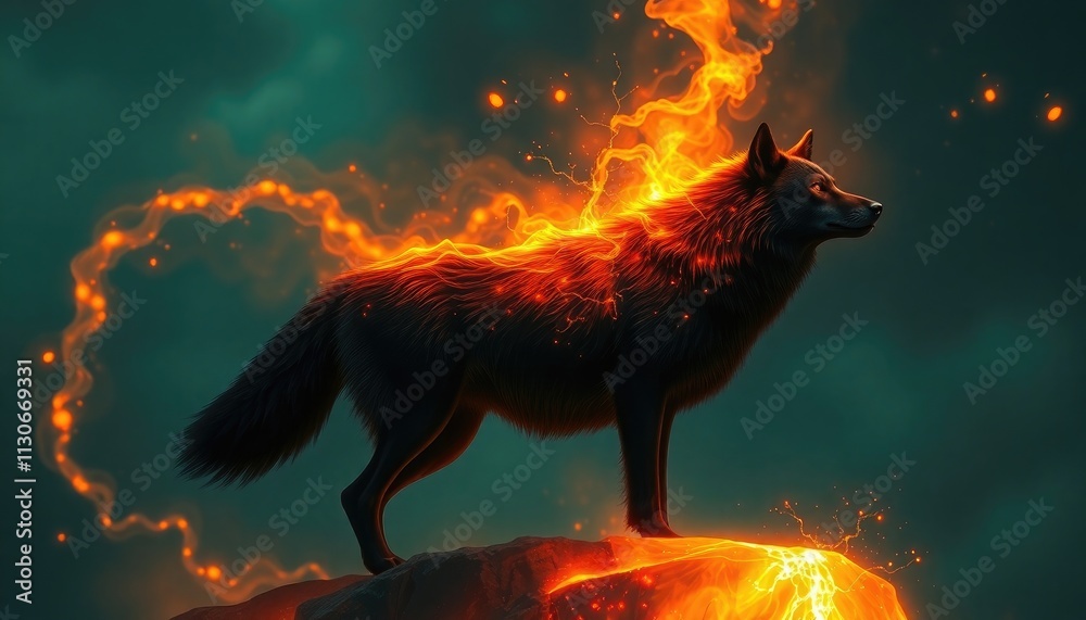 Glowing black wolf standing on a glowing cliff, orange and green energy ...