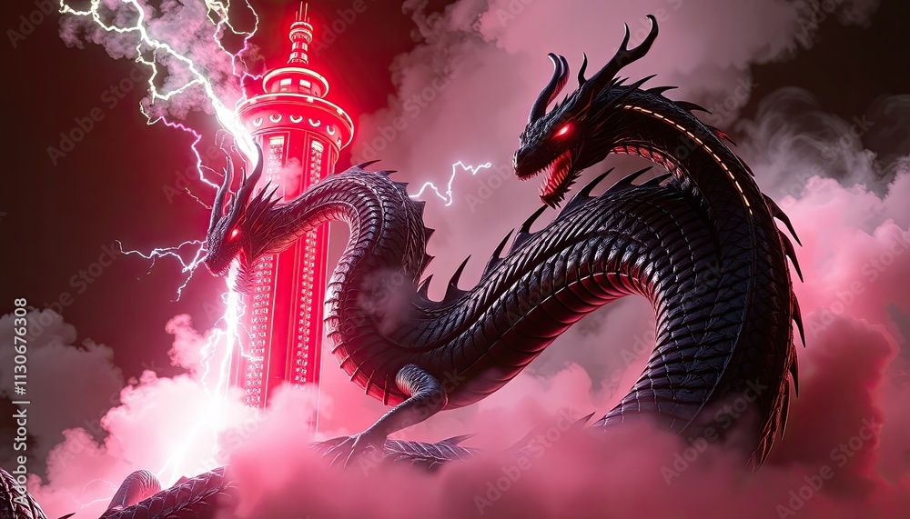 3D black dragon coiling around a futuristic neon tower, emitting smoke ...