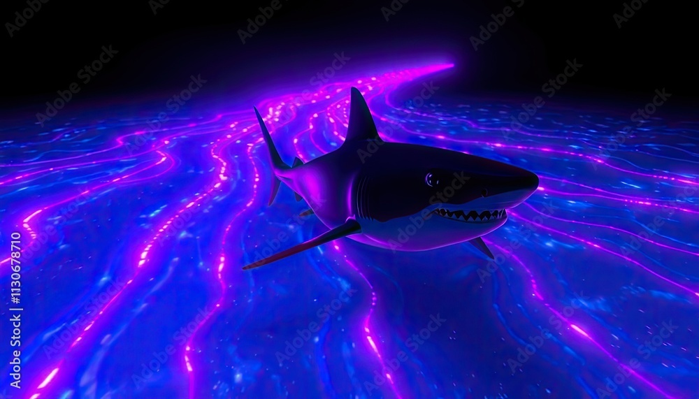 3D black shark swimming through a glowing digital ocean, glowing purple ...