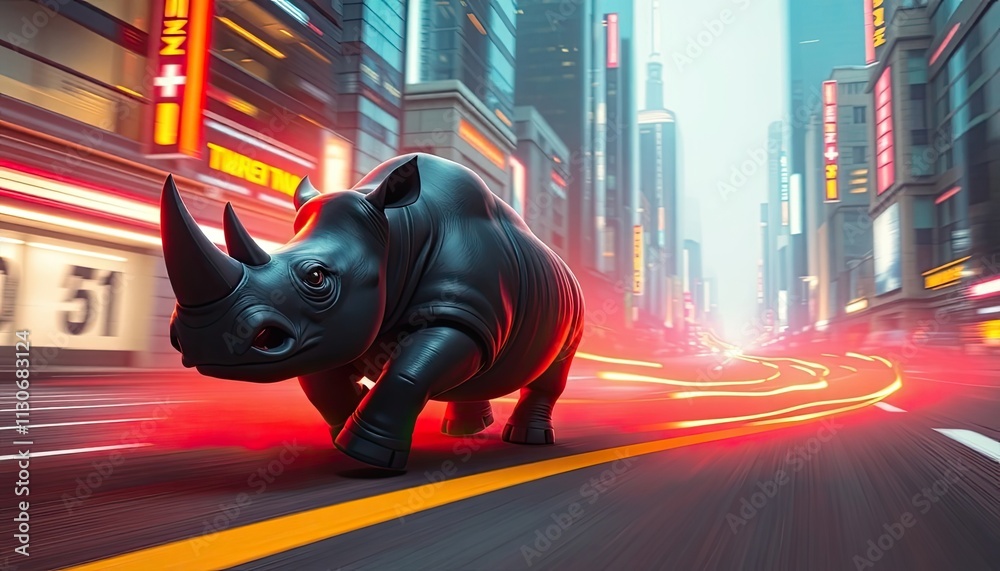 3D black rhino charging through a futuristic city, glowing red and ...