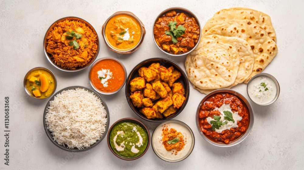 Indian ethnic food buffet on white concrete table from above curry ...