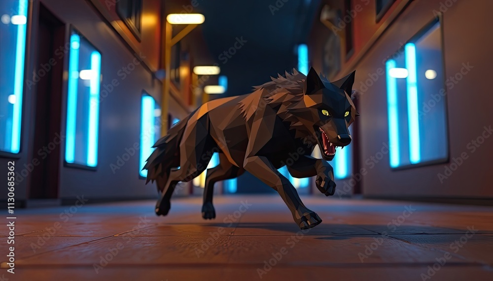 3D low poly black wolf running through a neon-lit alley, glowing blue ...