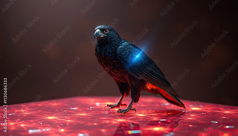 Black falcon perched on a glowing holographic surface, emitting ...