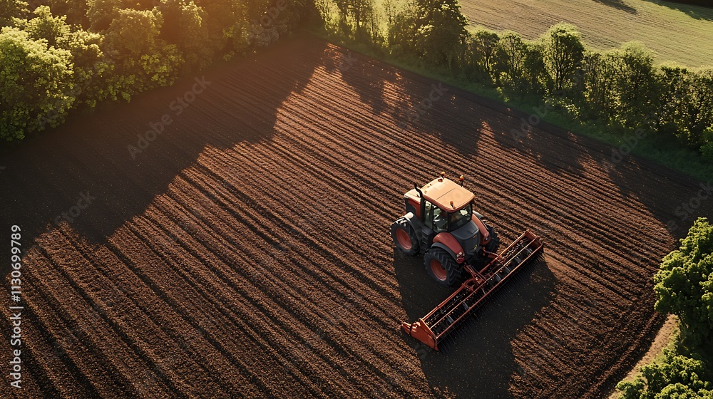 A modern tractor pulling a plow over tilled soil, ensuring the land is ...
