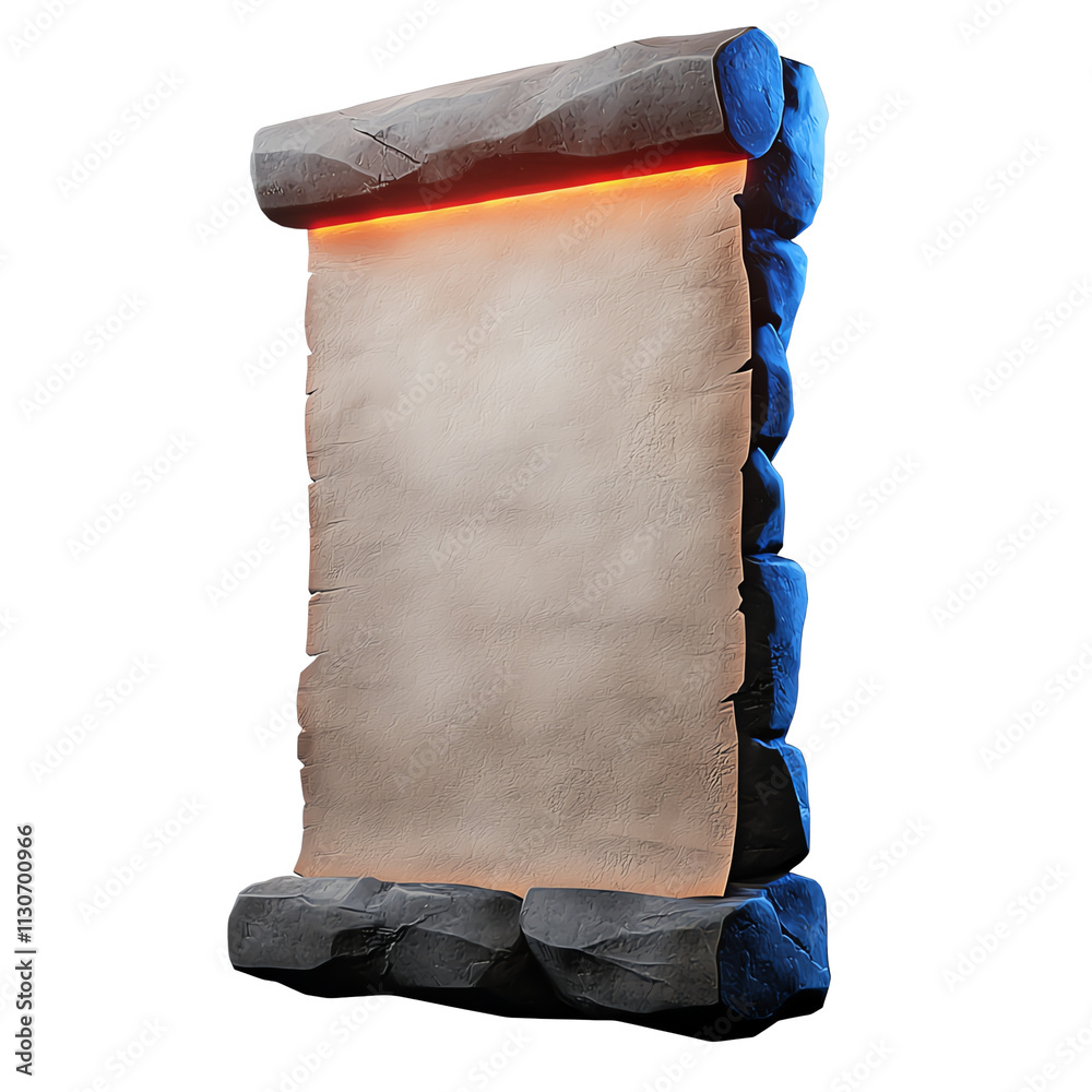 A stylized scroll with blue accents, featuring a smooth, blank surface ...