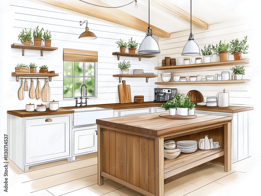 Hand-Drawn Sketch of a Farmhouse-Style Kitchen Featuring Open Shelving ...