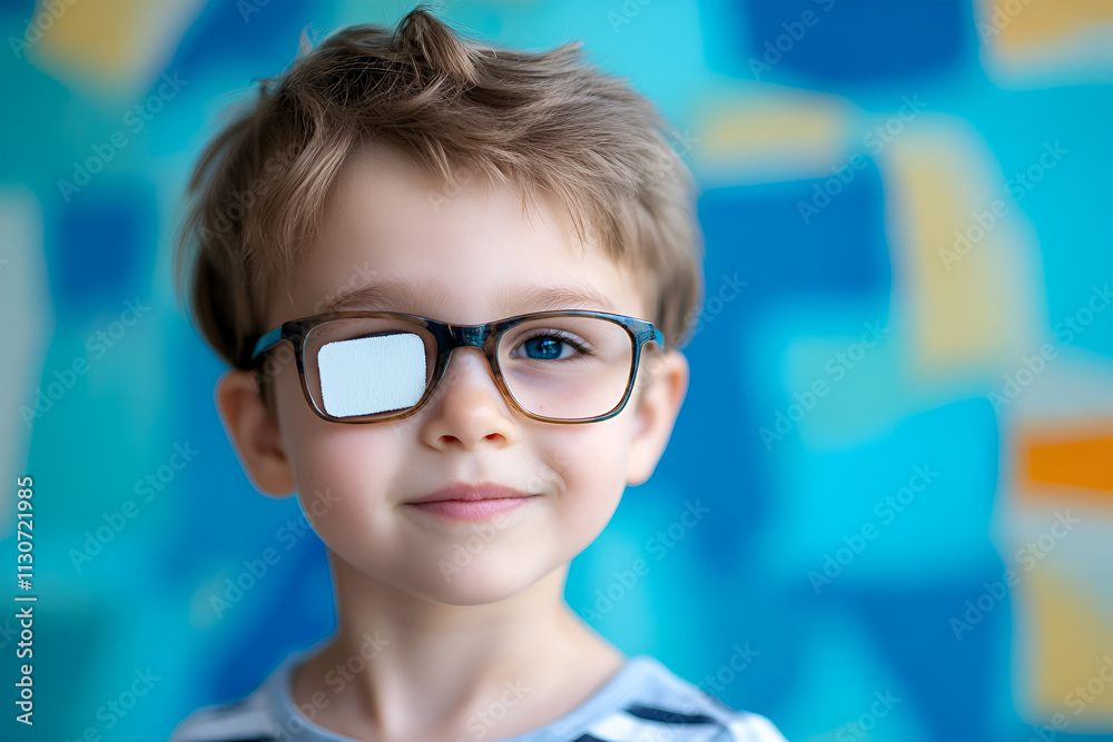 Boy in glasses with eye patch. Occluder, lazyeye, amblyopia, strabismus ...