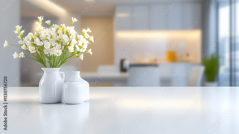 White furniture and a blurry modern kitchen interior Stock Illustration ...