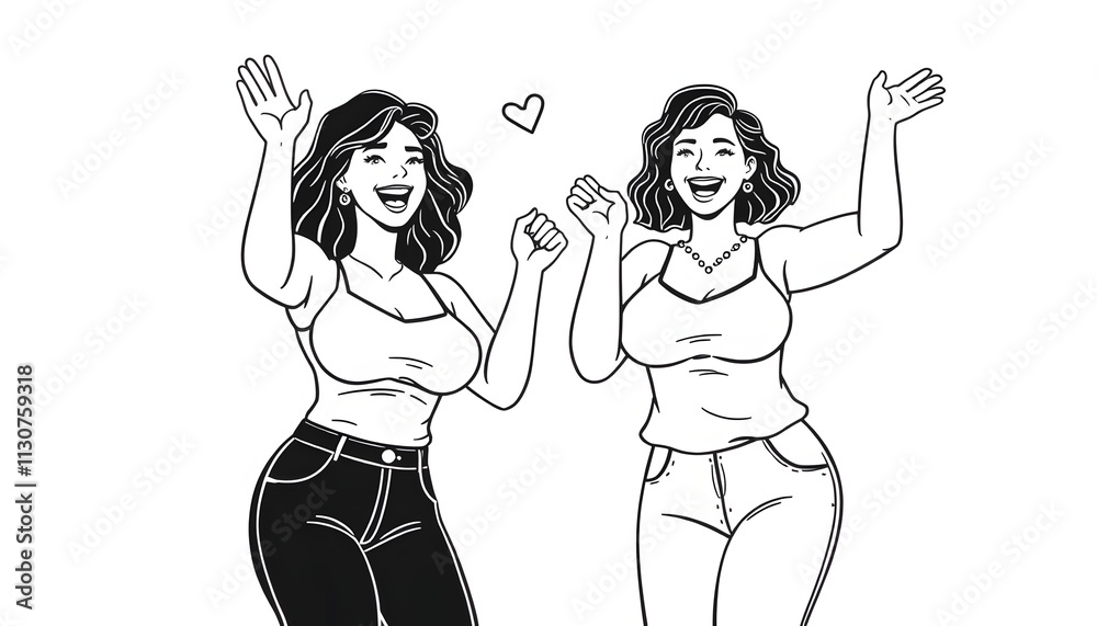 continuous line drawing of two happy curvy women cheering celebrating ...