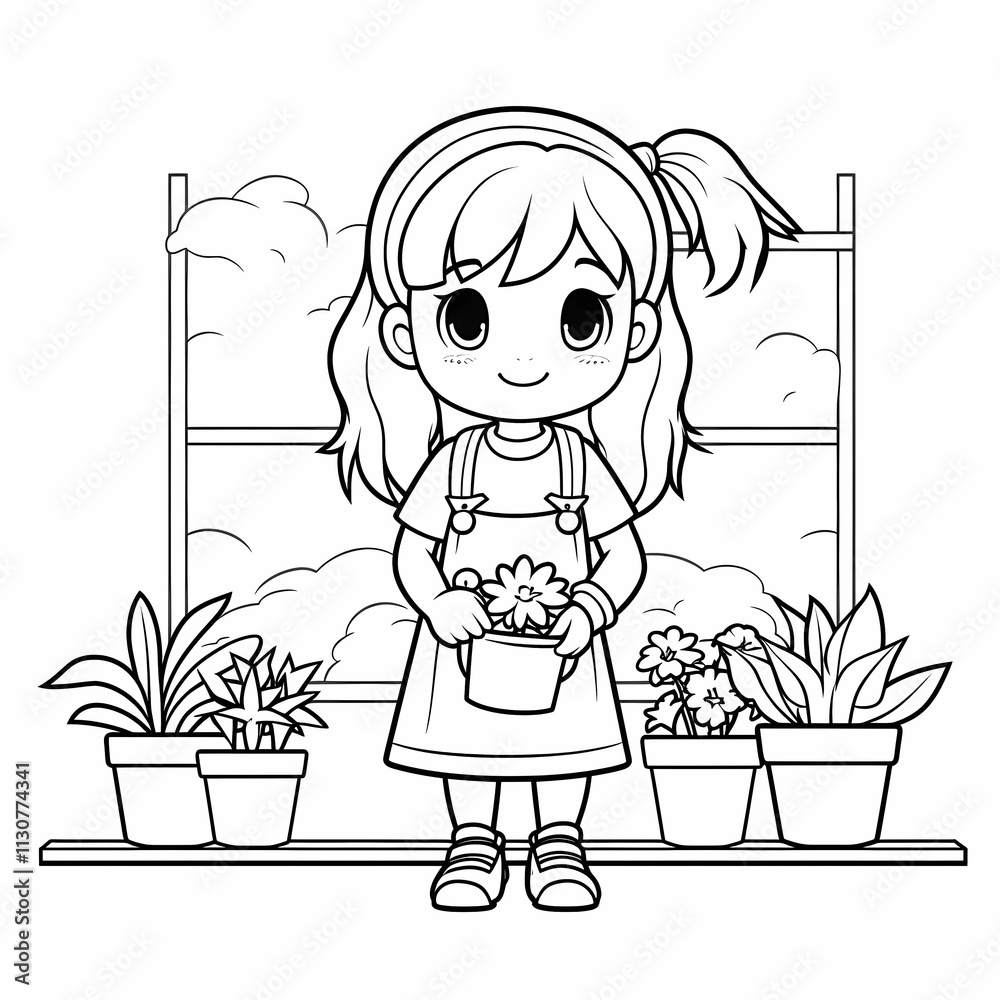 Illustration Stock Coloring page outline of a cute little girl gardener ...