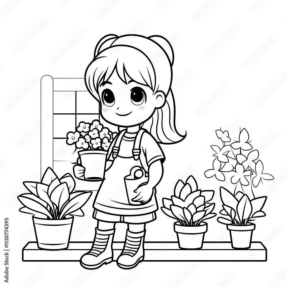 Ilustración de Stock Coloring page outline of a cute little girl ...