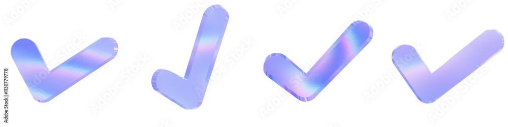 Set of 4 3d glass big check mark shape with aberration effect isolated ...
