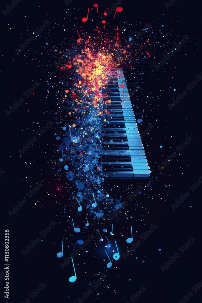 Colorful explosion of music notes and piano keys in a vibrant design ...