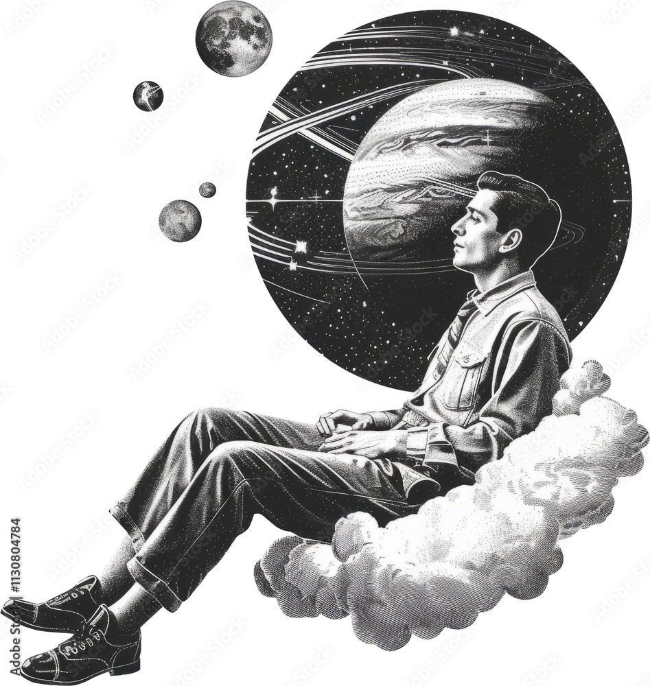 Man dream collage halftone bitmap, Man surrealism space psychology ...