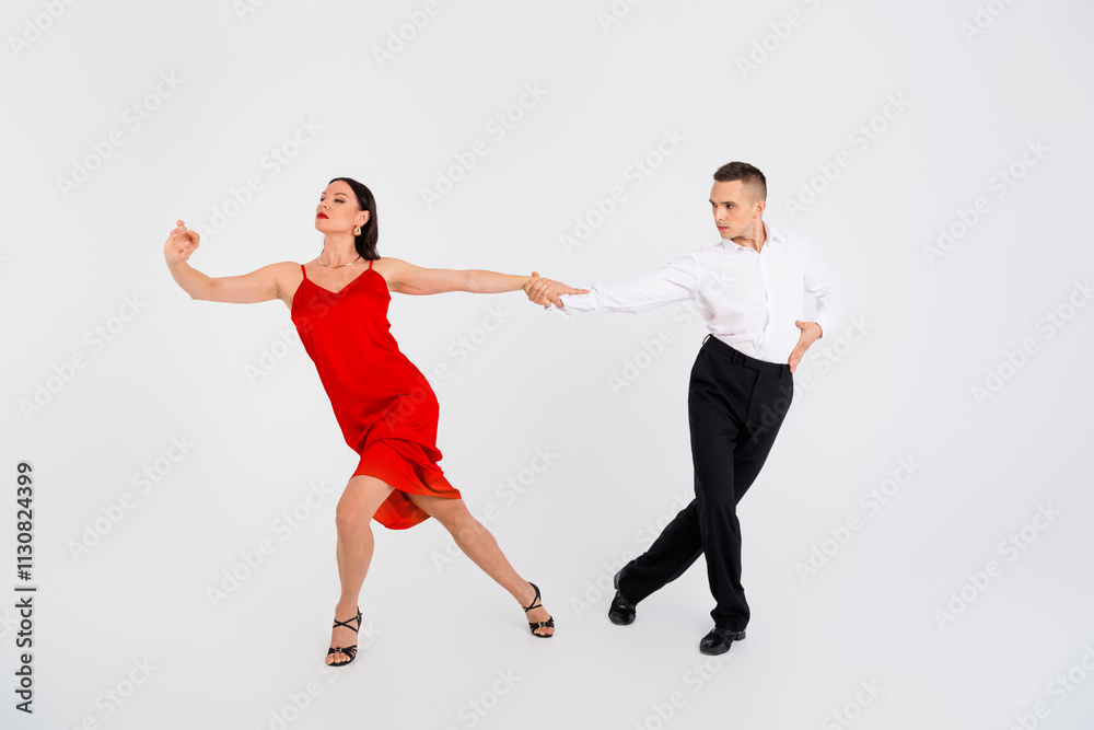 Full size photo of two young passionate dancing partners perform ...