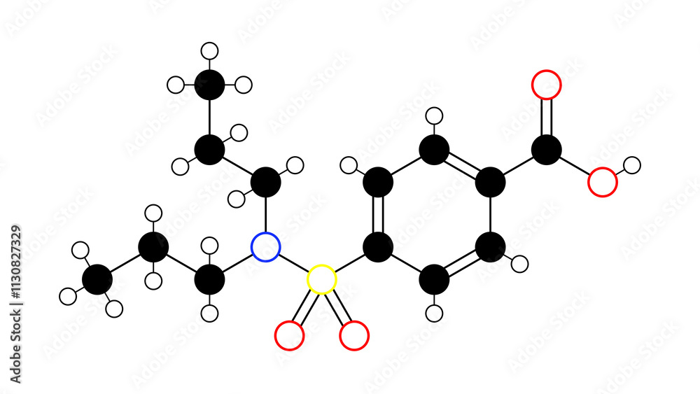 probenecid molecule, structural chemical formula, ball-and-stick model ...