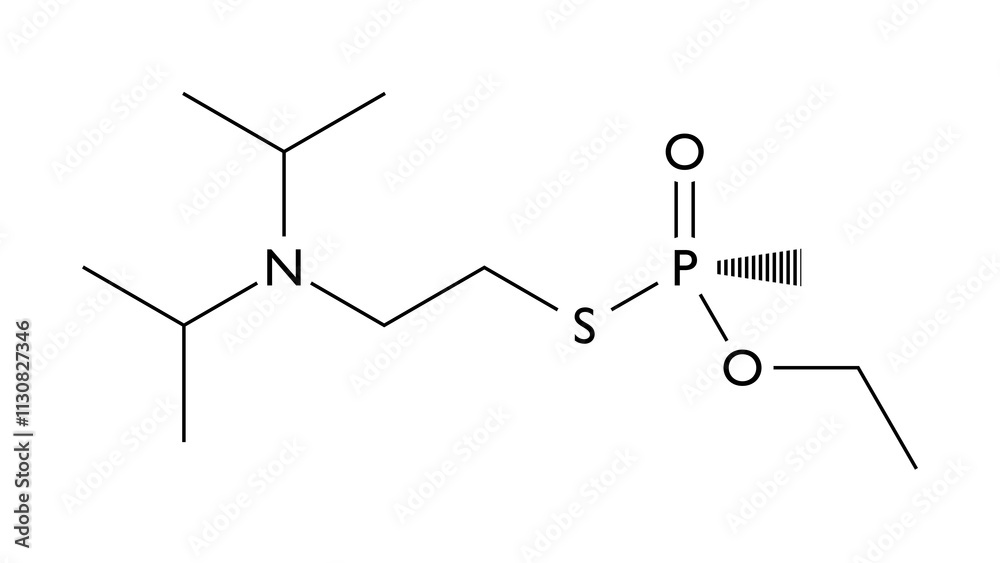 vx (nerve agent) molecule, structural chemical formula, ball-and-stick ...