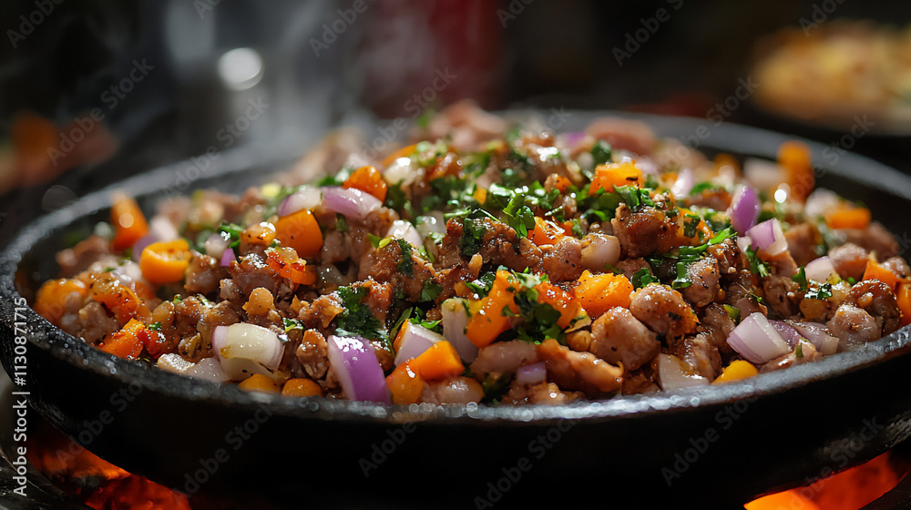 A vibrant dish of Filipino pork sisig served on a sizzling platter ...