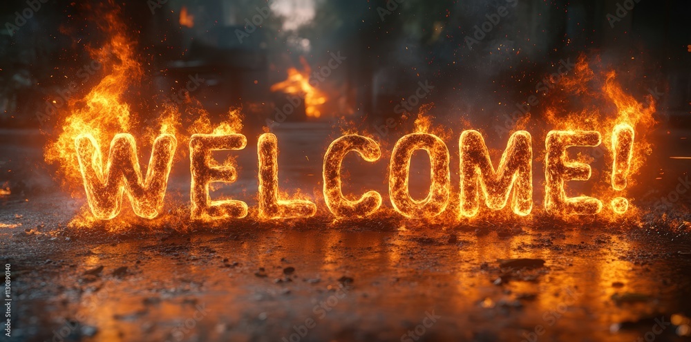 "Welcome!" text engulfed in vivid, fiery flames, creating a bold and ...